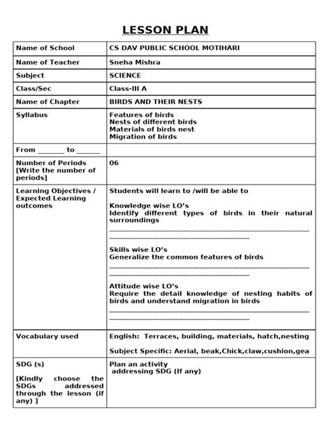 Cl 3 E Lesson Plan Birds Pdf Birds Lesson Plan