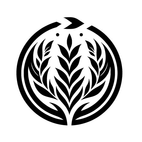 A Symmetrical Black And White Circular Emblem Featuring A Stylized Of Intertwined Leaves And