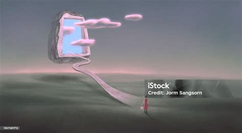 영감 동기 부여 창조적 자유 꿈의 성공의 개념 아이디어 방법 변화의 연속 예술 초현실적 인 회화 작품 3d 일러스트레이션 미스터리 한 풍경속에서 하늘의 문으로 걸어가는 여자