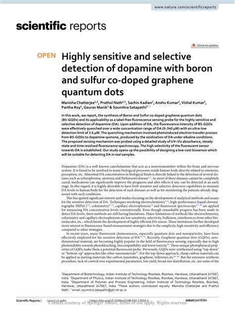 Pdf Highly Sensitive And Selective Detection Of Dopamine With Boron And Sulfur Co Doped