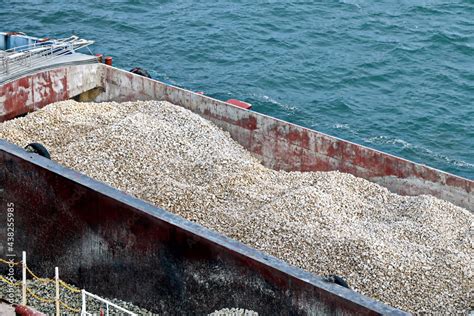 Loading Bulk Cargo Of Limestone From Barges Into A Bulk Carrier By Using Ship Cranes And Grabs