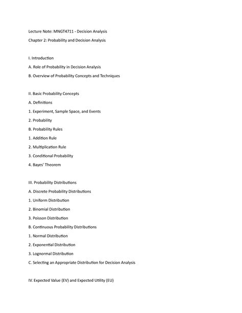Decision Analysis 2 Lecture Note Mngt4711 Decision Analysis