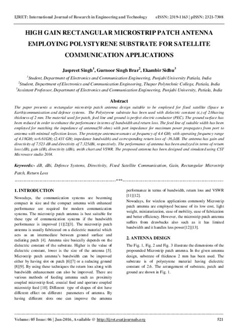Pdf High Gain Rectangular Microstrip Patch Antenna Employing Polystyrene Substrate For