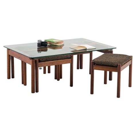 Glass And Teak Coffee Table With Four Nesting Stools Attributed To Jorgen For Sale At 1stdibs