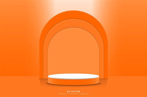 3개의 아치 모양 배경이 있는 제품 전시를 위한 사실적인 주황색과 흰색 3d 무대 실린더 받침대 연단이 있는 3d 스튜디오 룸 제품 프레젠테이션 3d 벡터 렌더링을 위한