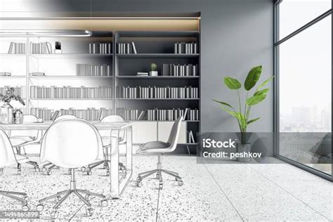 큰 창문에서 도시 전망을 배경으로 한 스케치 현대 회의실 인테리어 디자인 밝은 콘크리트 바닥에 있는 회의 테이블 초안 어두운