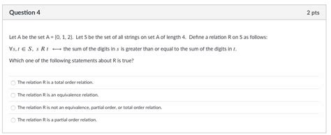 solved question 4 2 pts let a be the set a {0 1 2} let