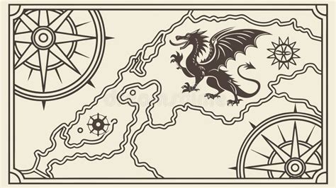 Medieval Map With Dragons And Compass Rose Fantasy Exploration Vector