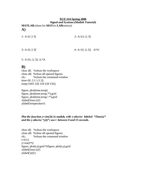 signal and systems matlab tutorial ece 314 docsity