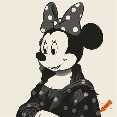Black And White Illustration Of Minnie Mouse Posing As The Mona Lisa