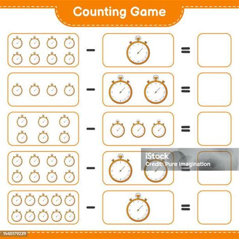 카운트와 매치 스톱워치의 수를 계산하고 올바른 숫자와 일치시킵니다 교육 어린이 게임 인쇄 가능한 워크 시트 벡터 일러스트 레이 션 0명에 대한 스톡 벡터 아트 및 기타