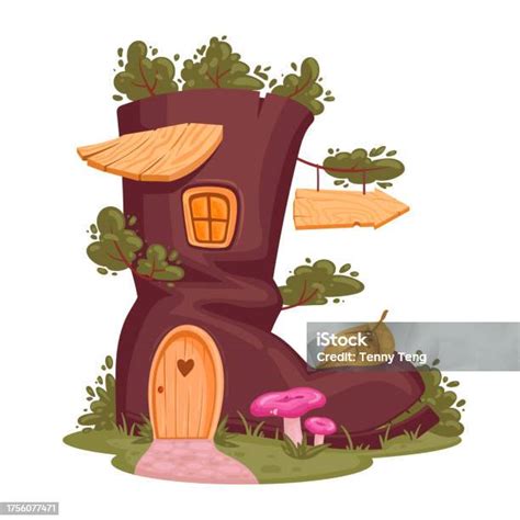 만화 오래 된 부트 하우스입니다 판타지 세계 귀여운 오두막 나뭇잎과 버섯 평면 벡터 일러스트 레이 션과 동화 작은 집 동화 부트 하우스 가을에 대한 스톡 벡터 아트 및 기타