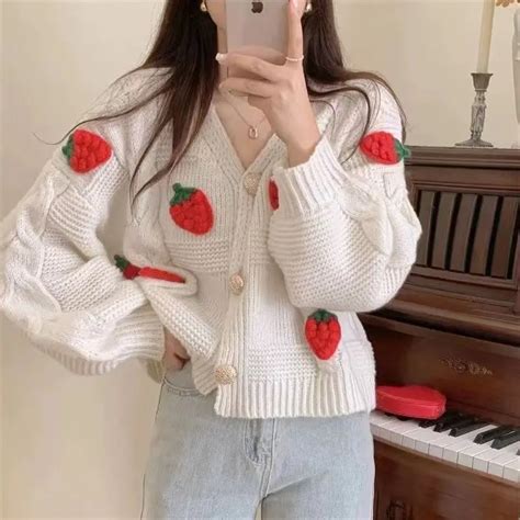 한국 시리즈 부드러운 핑크 스웨터 가디건 여성용 봄과 가을 달콤한 딸기 니트 두꺼운 코트 V넥 짧은 상의 Aliexpress