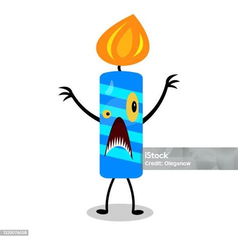 주황색 눈과 흰색 배경에 고립 된 불타는 불꽃과 파란색 줄무늬 촛불 만화 캐릭터 괴물 0명에 대한 스톡 벡터 아트 및 기타 이미지 0명 만화 밝은 빛 Istock