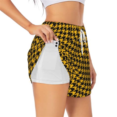 Fotbe Retro Yellow And Black Houndstooth Pattern Womens High Waist