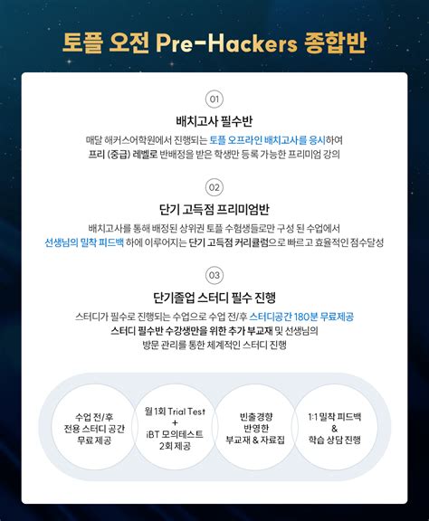수업 전★ 스터디 필수] 오전 pre hackers 종합반 [배치고사 필수][1개월 완성]☆ibt 모의테스트 2회 제공
