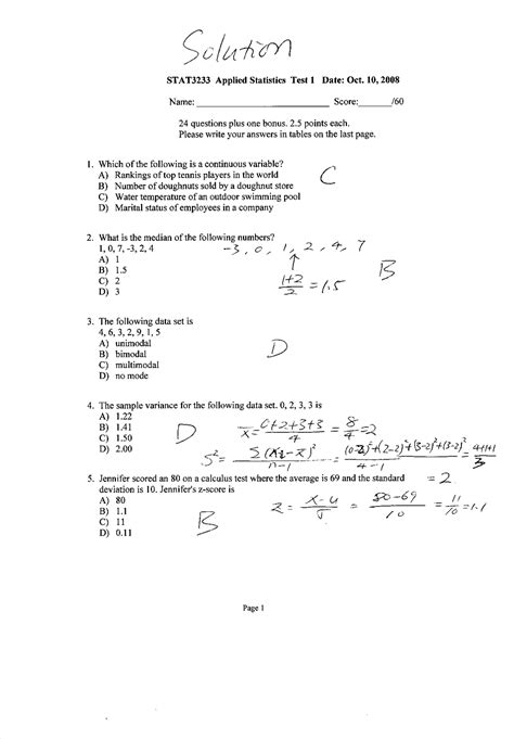 Solutions For Examination 1 Applied Statistics I Fall 2008 Stat 3233 Docsity