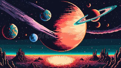 8 Bit Pixel Art Red Planet In Starry Galaxy Sky Stock Vector Illustration Of Generative