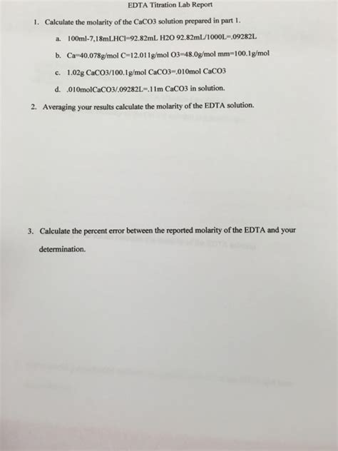 Solved 1 Calculate The Molarity Of The CaCO3 Solution Chegg Com