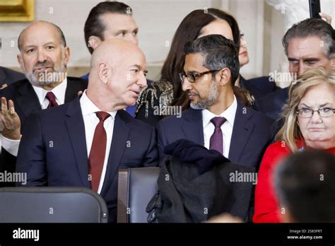 Businessman Jeff Bezos L Talks With Alphabets Ceo Sundar Pichai R At Donald Trumps