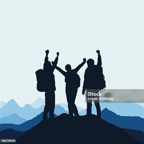 벡터 일러스트 레이 션의 산 풍경 푸른 하늘 아래 빛나는 몸짓으로 바위의 상단에 등산의 현실적인 실루엣으로 등산에 대한 스톡 벡터 아트 및 기타 이미지 Istock