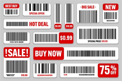 제품 바코드 집합입니다 특별 제안 판매 스티커 쇼핑 할인 라벨 또는 프로모션 배지 일련 번호 제품 Id 상점 또는 슈퍼마켓 스캔 라벨 가격표 벡터 그림 Qr코드에 대한 스톡