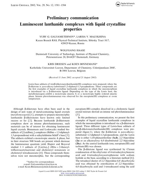 Pdf Luminescent Lanthanide Complexes With Liquid Crystalline Properties
