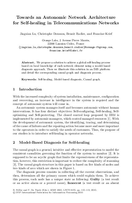 Pdf Towards An Autonomic Network Architecture For Self Healing In Telecommunications Networks