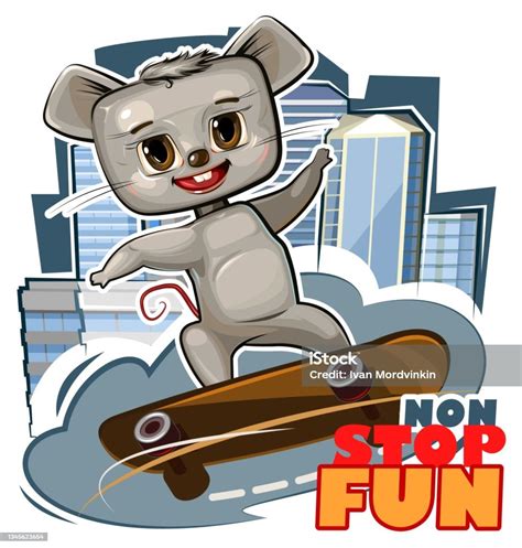 스케이트 보드에 작은 마우스 만화 스타일 어린이 도시 스포츠 논스톱 귀여운 아기 스케이터 가 아스팔트에 보드에 타고 어린이를위한 스케이트 흰색 배경에 격리된 개체입니다 벡터