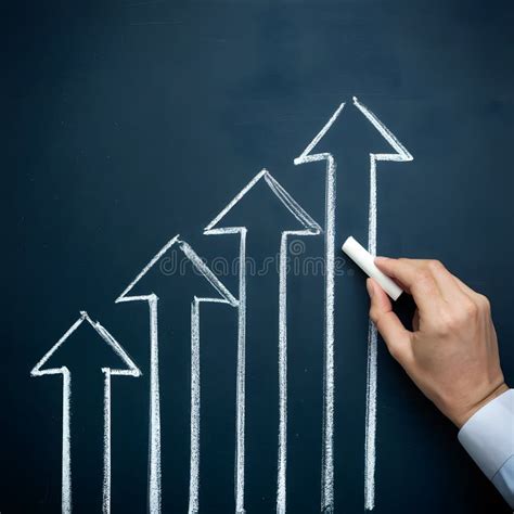 White Arrows Pointing Up On Chalkboard Hand Holding Chalk Drawing Symbolizing Progress Stock