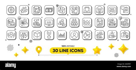 report document line graph and winner medal line icons pack for web