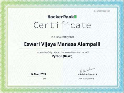 I Have Successfully Completed Python Basic Certificate In Hackerrank Manasa Alampalli