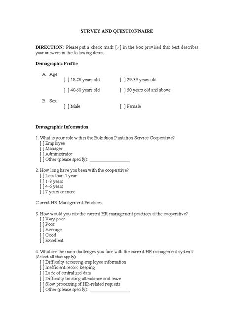 research questionnaire for capstone survey and questionnaire