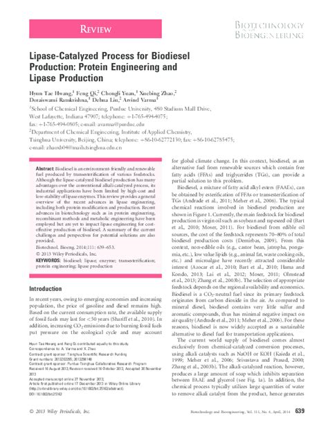 Pdf Lipase Catalyzed Process For Biodiesel Production Protein Engineering And Lipase Production
