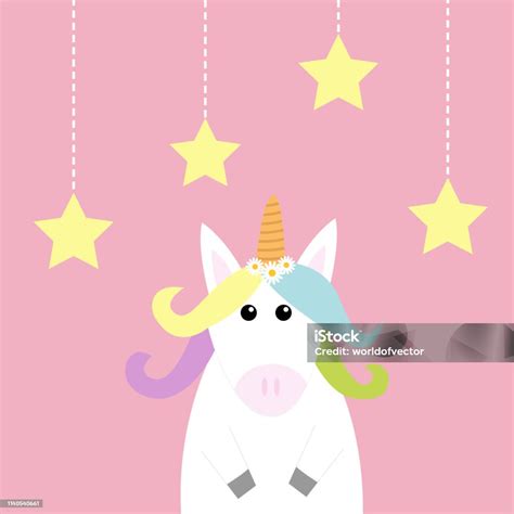 유니콘 매달려 별 대시 라인입니다 파스텔 컬러 무지개 머리 화이트 데이지 카모마일 평면 누워 디자인입니다 귀여운 만화 귀 엽 다 아기 캐릭터 재미 있은 말 발렌타인 사랑