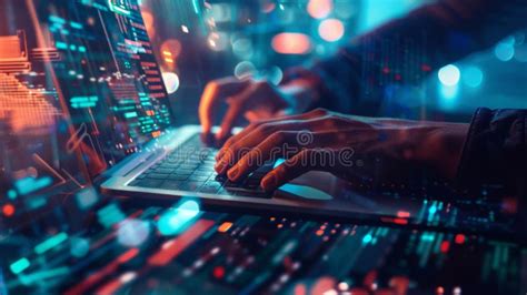 Hands Typing On Laptop With Digital Data Overlay Stock Image Image Of