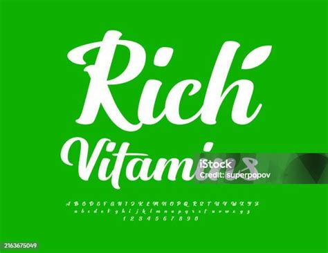 벡터 건강 표시 Rich Vitamins 아름 다운 필기체 알파벳 문자와 숫자 세트 알파벳에 대한 스톡 벡터 아트 및 기타