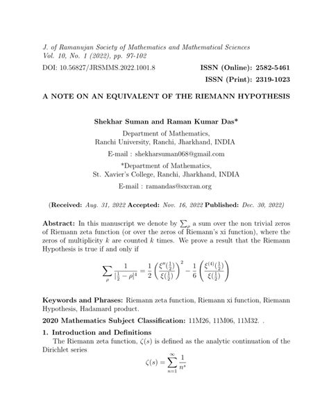 Pdf A Note On An Equivalent Of The Riemann Hypothesis