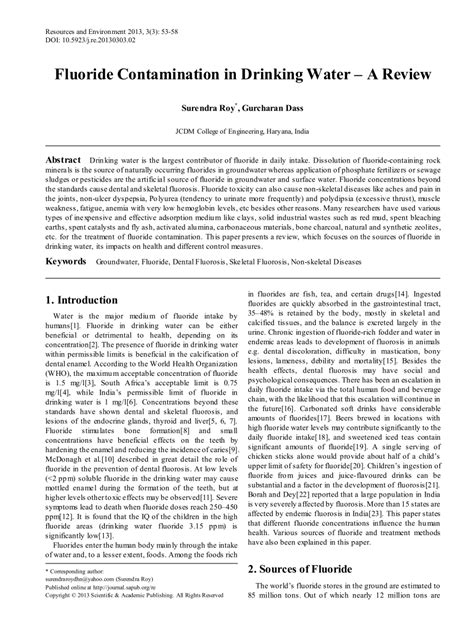 Pdf Fluoride Contamination In Drinking Water A Review
