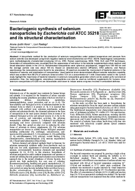 Pdf Bacteriogenic Synthesis Of Selenium Nanoparticles By Escherichia Coli Atcc 35218 And Its