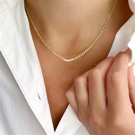 14k Yellow Gold Diamond Curb Chain Necklace Graduated Bezel