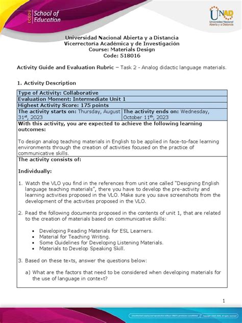 Activity Guide And Evaluation Rubric Task 2 Analog Didactic Language Materials Pdf