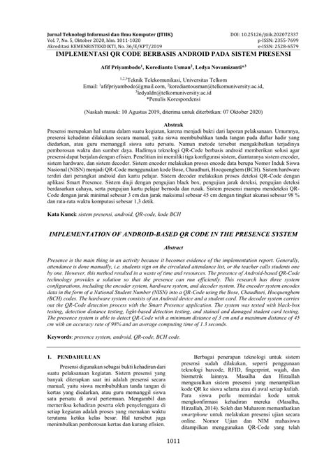 Pdf Implementasi Qr Code Berbasis Android Pada Sistem Presensi