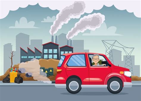 Hombre En Escena De Contaminación De Automóviles Vector Premium