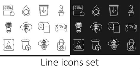 재활용 에코 자동차 드라이브 잎 쓰레기통 산성비 및 방사성 구름 전구 세계 지구 오일 배럴 화장지 롤 및 깨끗한 아쿠아 아이콘을 재활용하는 쇼핑백을 설정하십시오 벡터