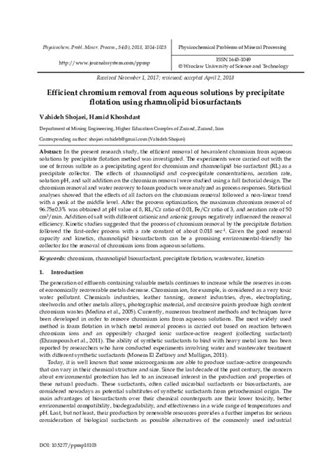 Pdf Efficient Chromium Removal From Aqueous Solutions By Precipitate