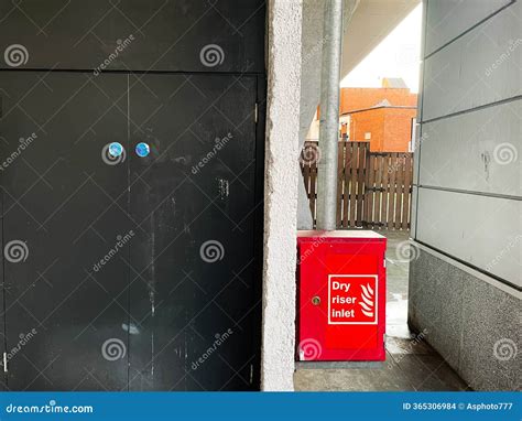 Dry Riser Inlet Box Red On Brick Wall For Emergency Fire Services Water