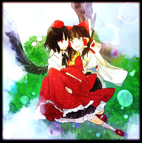 Ark Tr Hakurei Reimu Shameimaru Aya Touhou 2girls Ascot Bird Wings Black Border Black