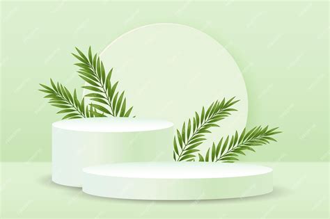 옅은 녹색 배경 3d 그림 벡터에서 제품 프레젠테이션을 위한 종려나무 잎이 있는 연단 프리미엄 벡터