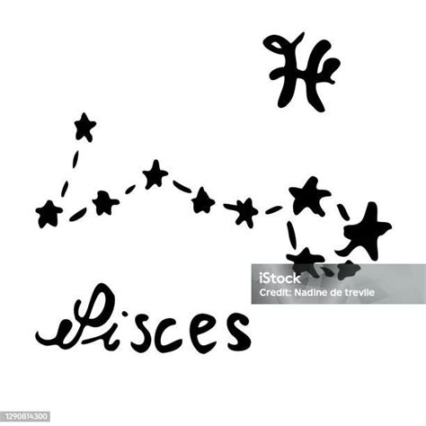 물고기자리의 별자리 벡터 그림입니다 흰색 배경에 손으로 그려진 조디악 기호 기호 및 서예 이름 낙서 스타일 별자리 엽서 및 점성술 책 계절에 대한 스톡 벡터 아트 및 기타